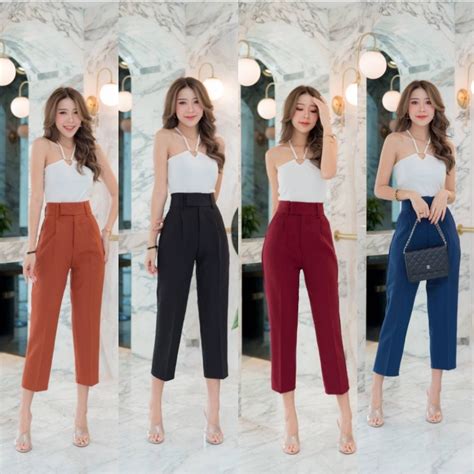 Amistyleสวยมากแม่ กางเกงขายาวทรงใส่ทำงาน ใส่เที่ยวกระบอกเล็ก 8ส่วน2ตะขอเอวป้าย จีบหน้า เนื้อผ้า