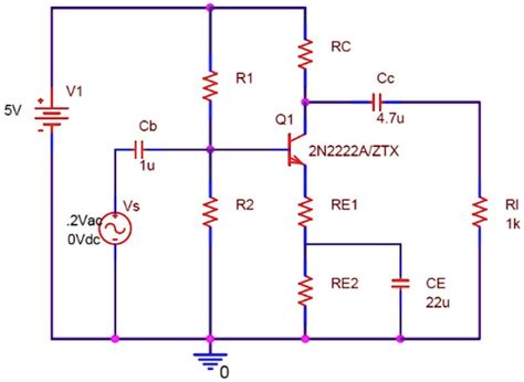 V1 5v Cb 1u Vs 2v 0vdc Rc R1 Cc 47u Q1 2n2222aztx R2 Re1 Re2 Ce 22u