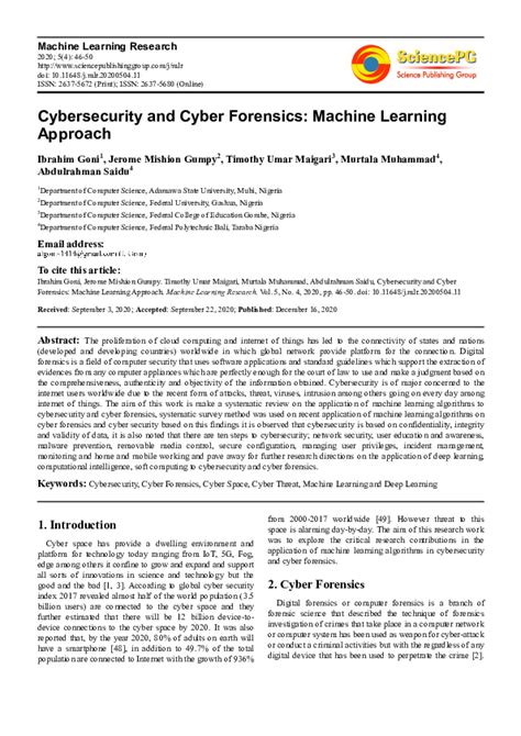 Pdf Cybersecurity And Cyber Forensics Machine Learning Approach