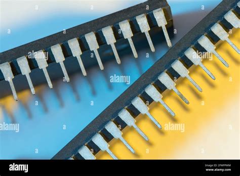 Macro Close Up Of Legs Pin Outs Of Semiconductor PIC16F77 I P From Microchip Technology For