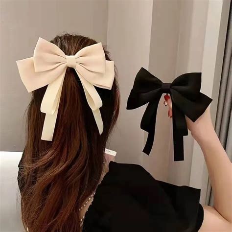 여자를위한 우아한 큰 활 머리 클립 여자 한국어 긴 리본 포니 테일 여자 용 머리핀 달콤한 머리 장식 봄 머리 핀 헤어 액세서리