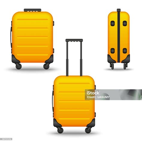 수화물 물체는 바퀴 측면과 정면도에 노란색 하드 여행 가방을 설정 흰색 배경에 고립 된 3d 현실적인 벡터 수하물 액세서리 여행 가방에 대한 스톡 벡터 아트 및 기타 이미지
