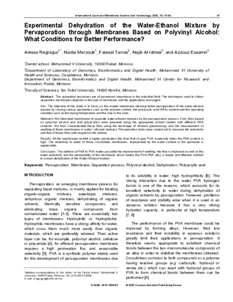 Pdf Experimental Dehydration Of The Water Ethanol Mixture By
