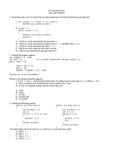 Ap Cs While Loop Worksheet Pdf Integer Computer Science Control
