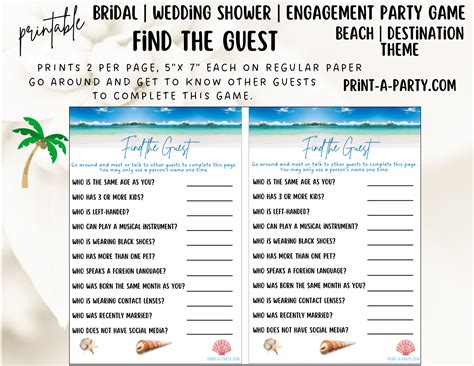Bridal Shower Beach Destination Tropical Games Bundle 5 X 7 Instant D