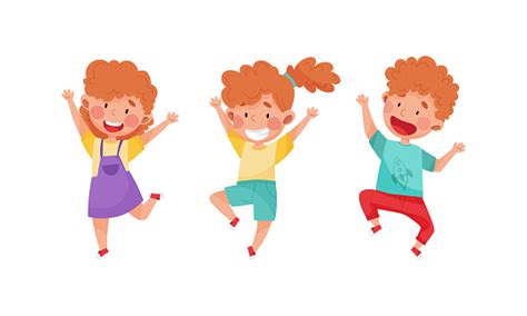 아이들은 즐겁게 점프 세트 활기찬 소년과 여자 데 재미 에 좋은 분위기 만화 벡터 일러스트 교육에 대한 스톡 벡터 아트 및 기타