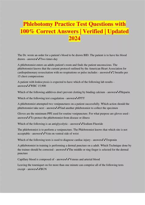Phlebotomy Practice Test Questions With 100 Correct Answers Verified Updated 2024