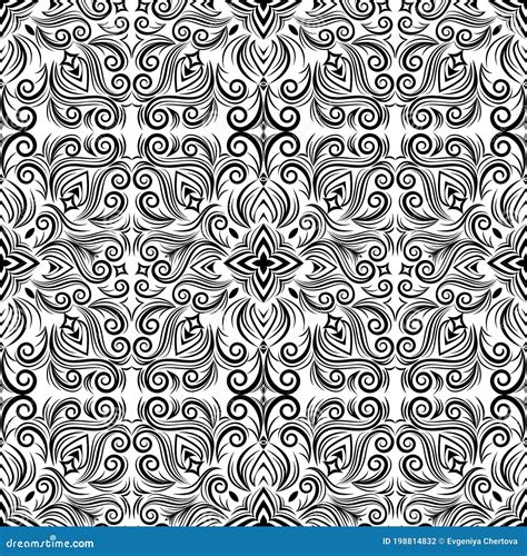 Vector Abstract Black And White Ornament Curve Swirls Seamless Pattern With Flowers And Curls