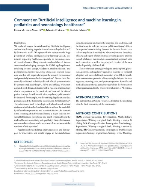 Pdf Comment On Artificial Intelligence And Machine Learning In Pediatrics And Neonatology