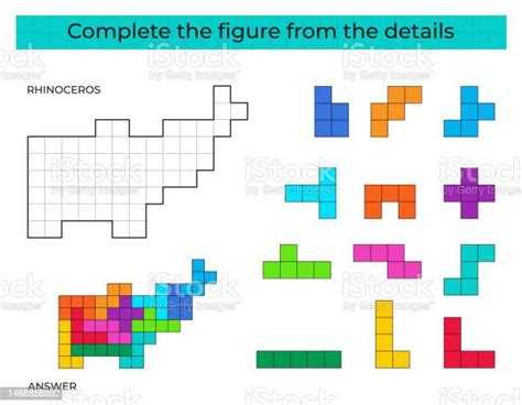 코뿔소와 퍼즐 게임 어린이를 위한 컬러풀한 디테일 완전한 그림 아이들을위한 교육 게임 유치원 워크 시트 활동 0명에 대한 스톡