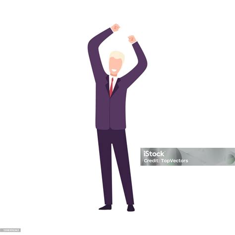 승리를 축하하는 웃는 사업가 매니저 캐릭터 옷을 입고 비즈니스 슈트 를 입고 그의 손을 들고 플랫 벡터 일러스트 개념에 대한 스톡 벡터 아트 및 기타 이미지 Istock