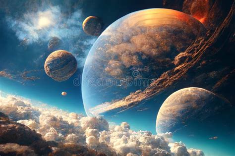 Futuristic Image Of Big Planets And Stars On Blue Sky With Clouds Space Scene With Planets