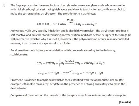 Solved The Reppe Process For The Manufacture Of Acrylic Esters Uses Acetylene And Carbon