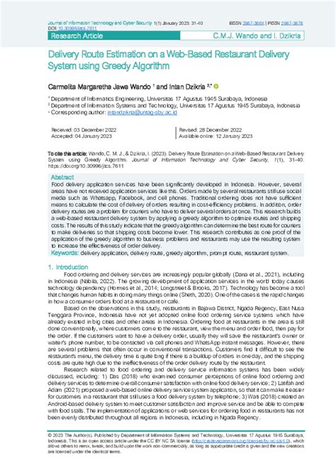 Pdf Delivery Route Estimation On A Web Based Restaurant Delivery System Using Greedy Algorithm