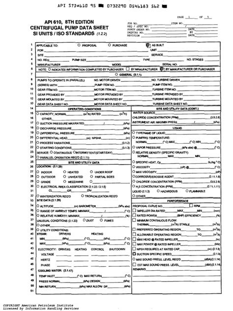 Api Std 610 1995 Data Sheets Example Pdf Pipe Fluid Conveyance