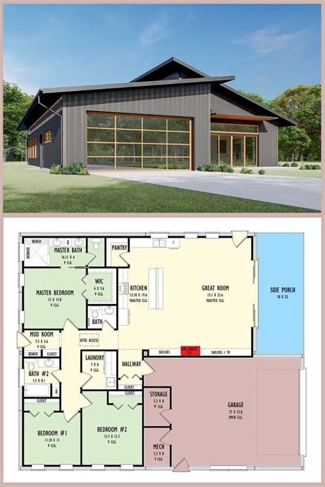 3 Bedroom Single Story Modern Barndominium House With Vaulted Great