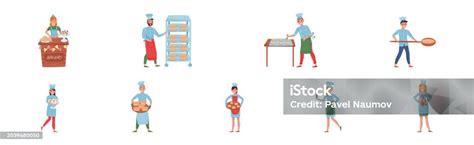 남자와 여자 베이커 캐릭터 에서 앞치마 와 Toque 굽기 빵 와 과자 벡터 세트 요리사에 대한 스톡 벡터 아트 및 기타 이미지 Istock