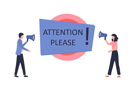 주의 개념을 부탁 드립니다 손에 메가 폰과 관심의 표시 느낌표와 남자와 여자 흰색 배경에 벡터 플랫 그림 개념에 대한 스톡 벡터 아트 및 기타 이미지 Istock