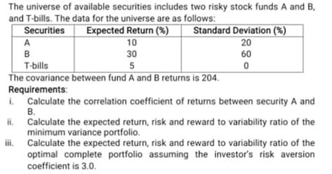 Solved The Universe Of Available Securities Includes Two