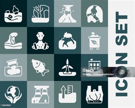 설정 비닐 봉투 포스터 집 홍수 재활용 휴지통 화산 분화 용암 높은 인간의 체온 쓰나미 바다의 문제 오염 및 삼림 벌채 아이콘에