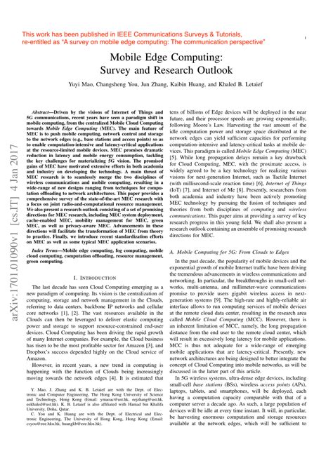 Pdf Mobile Edge Computing Survey And Research Outlook