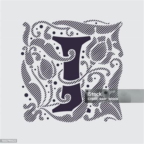 중세 대문자 I 로고는 꽃 장식과 대각선 부화로 장식되어 있습니다 빈티지 앤티크 고딕 스타일의 드롭 캡 럭셔리 벡터 이니셜 고대 유물에 대한 스톡 벡터 아트 및 기타 이미지