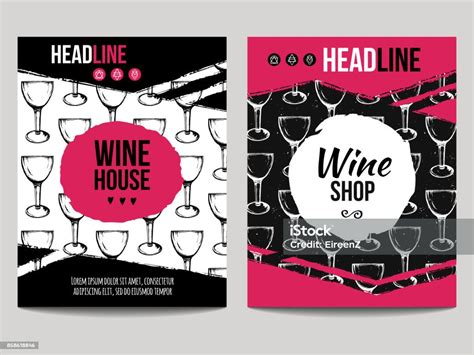 벡터 와인 배경 가진 현대 포스터의 설정 전단지 배너 초대장 레스토랑이 나 카페 메뉴 와인 유리 패턴으로 유행 서식 검은색에 대한 스톡 벡터 아트 및 기타 이미지 Istock