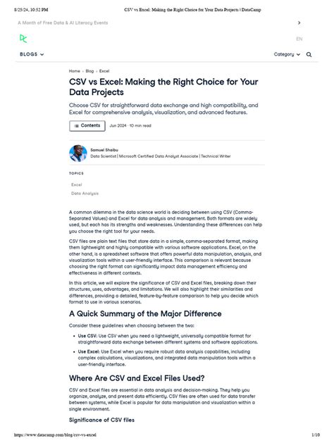 Csv Vs Excel Making The Right Choice For Your Data Projects Datacamp Pdf
