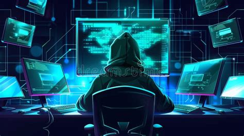 Hacker In A Dark Room With Multiple Monitors And Digital Data High