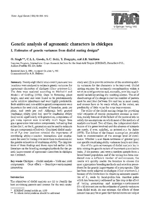 Pdf Genetic Analysis Of Agronomic Characters In Chickpea