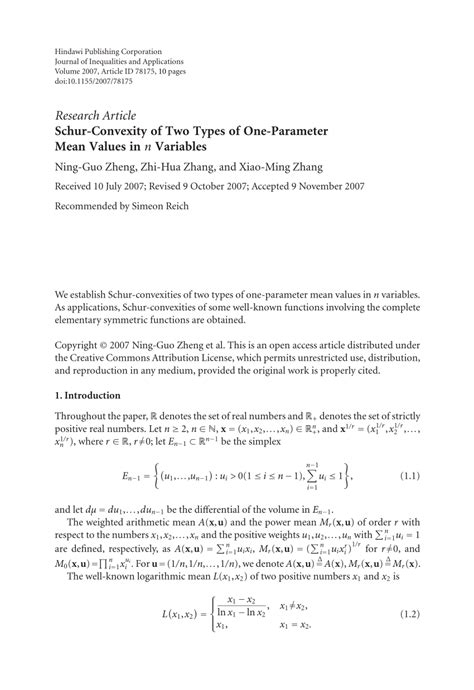 Pdf Schur Convexity Of Two Types Of One Parameter Mean Values In Variables
