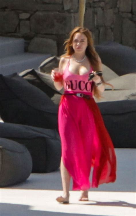 Lindsay Lohan In A Pink Gucci Swimsuit On Mykonos Island Celebmafia