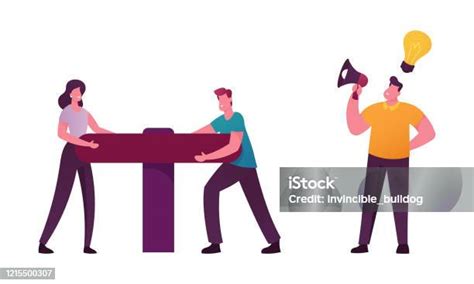 거대한 밸브를 돌리는 남성과 여성 캐릭터 머리 위에 빛나는 전구와 손에 메가 폰을 가진 남자 돈 흐름과 창조적 인 아이디어 개념 크리에이티브 프로젝트 만화 사람 벡터