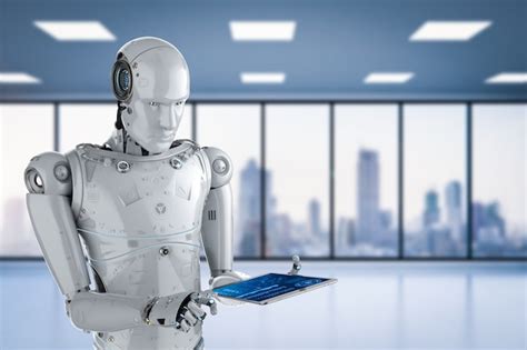 Premium Photo 3d Rendering Robot Working On Empty Screen Notebook