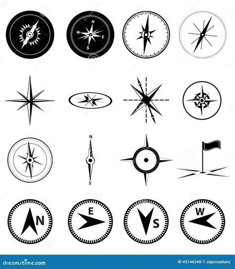 Compass Icons Wind Rose With North Orientation Sea Navigational Equipment Antique Symbols