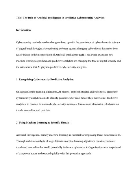Pdf Title The Role Of Artificial Intelligence In Predictive Cybersecurity Analytics