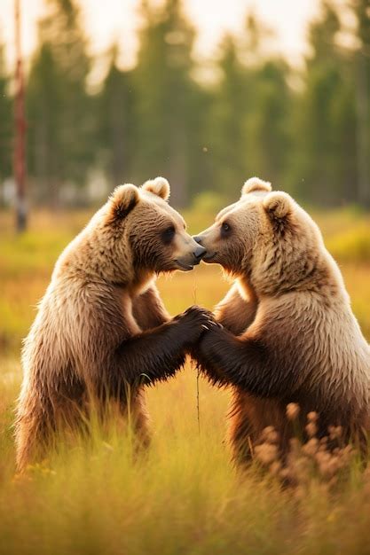Premium Ai Image Two Bears Are Playing In A Field Of Tall Grass
