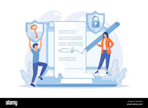 Businessman Putting Electronic Signature On Document Security Shields