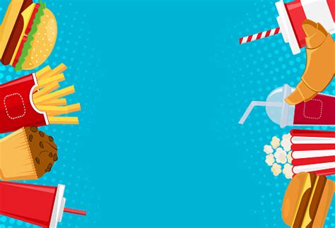 패스트 푸드 메뉴 배너 만화 배경 햄버거 케이크 친구 튀김 소다 샌드위치 크로와상 팝콘 주스 미국 음식과 음료의 국경 팝 아트 스타일의 그림 감자 칩에 대한 스톡 벡터 아트