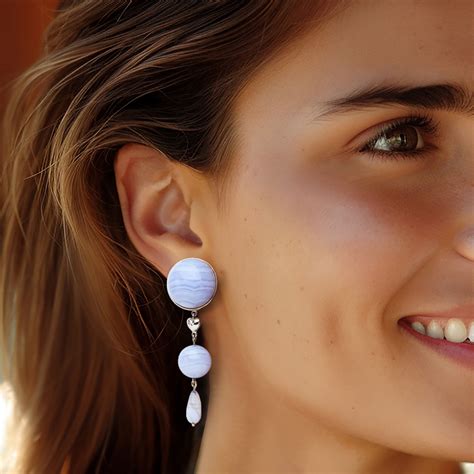 C 1990 Vintage Blue Lace Agate Drop Earrings In 18kt White Gold In