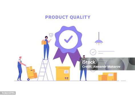 제품 품질 관리 그림 제품 보증 서비스 품질의 개념 사람들이 인증서를 확인합니다 상자를 검사하는 직원 웹 배너를위한 평면