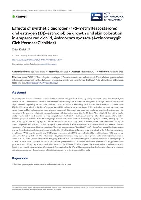 Pdf Effects Of Synthetic Androgen 17α Methyltestosterone And Estrogen 17β Estradiol On