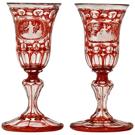 German Pair Of Ruby Cut To Clear Glass Goblets Renaissance Antiques