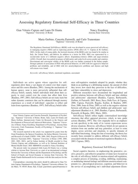 Assessing Regulatory Emotional Self Efficacy In Three Countries Psychological Assessment 2008