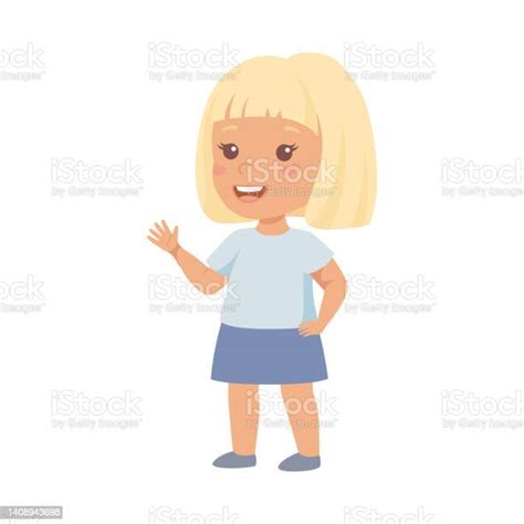 웃는 금발 어린 소녀 캐릭터 블루 스커트에 스탠딩 포즈 흔들리는 손 벡터 일러스트 레이 션 감정에 대한 스톡 벡터 아트 및 기타
