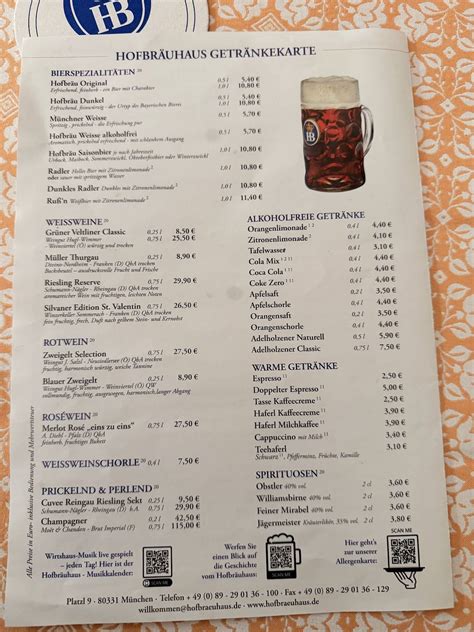 Speisekarte Von Hofbräuhaus Restaurant München Platzl 9