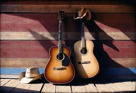 American Country Music Background With Guitar And Cowboy Hat Premium