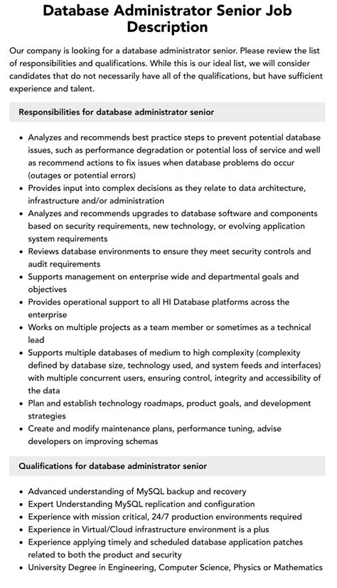 Database Administrator Senior Job Description Velvet Jobs