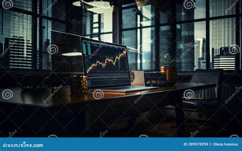 Laptop With Graphs Charts Diagrams On Screen On Table At Office Desk Stock Image Image Of