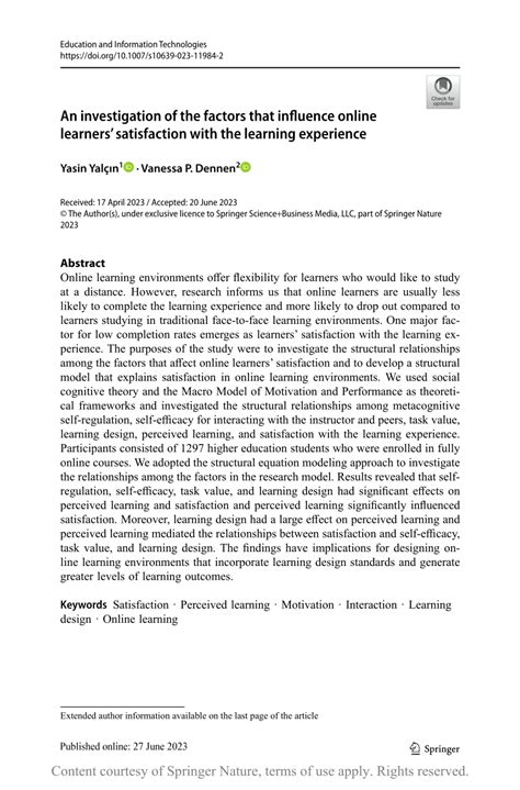 An Investigation Of The Factors That Influence Online Learners Satisfaction With The Learning